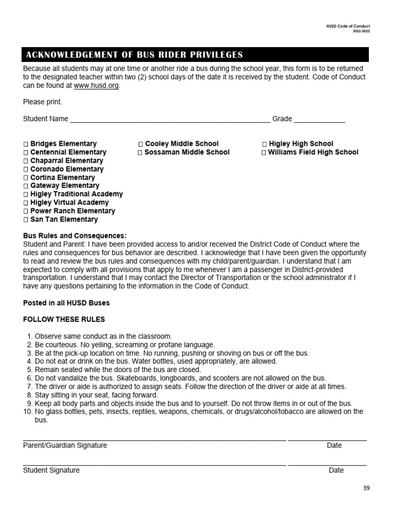 Acknowledgement of Bus Rider Privileges: HUSD Code of Conduct | PDF | Bus