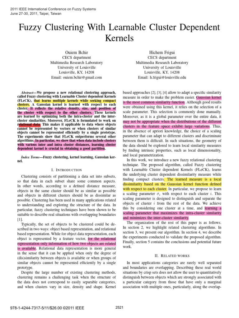 Fuzzy Clustering With Learnable Cluster Dependent Kernels | PDF | Cluster Analysis | Normal ...