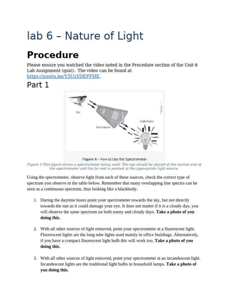Lab 6 - Nature of Light (Student Quiz) | PDF | Emission Spectrum ...
