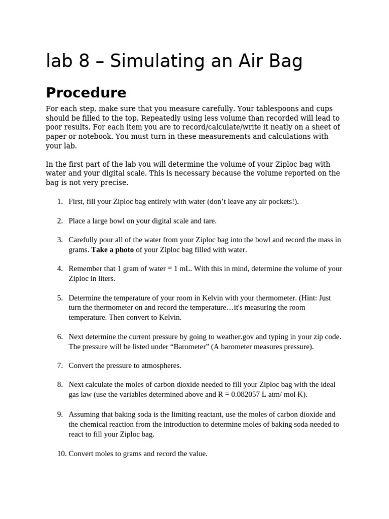 Air Bag Simulation Lab Procedure | PDF | Sodium Bicarbonate | Temperature