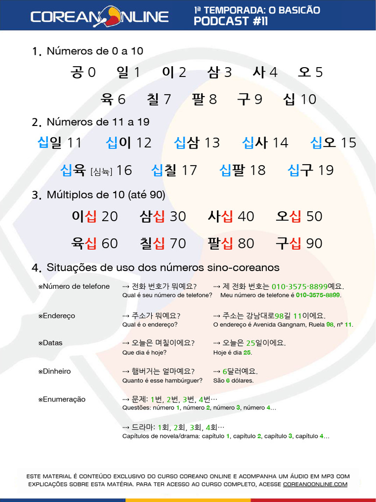 Números de 0 a 90 em Coreano | PDF