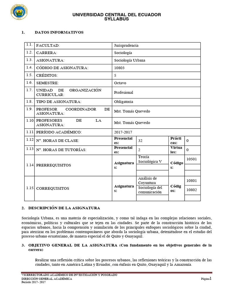 Syllabus Sociologi - A Urbana IMP | PDF | Ecuador | Evaluación