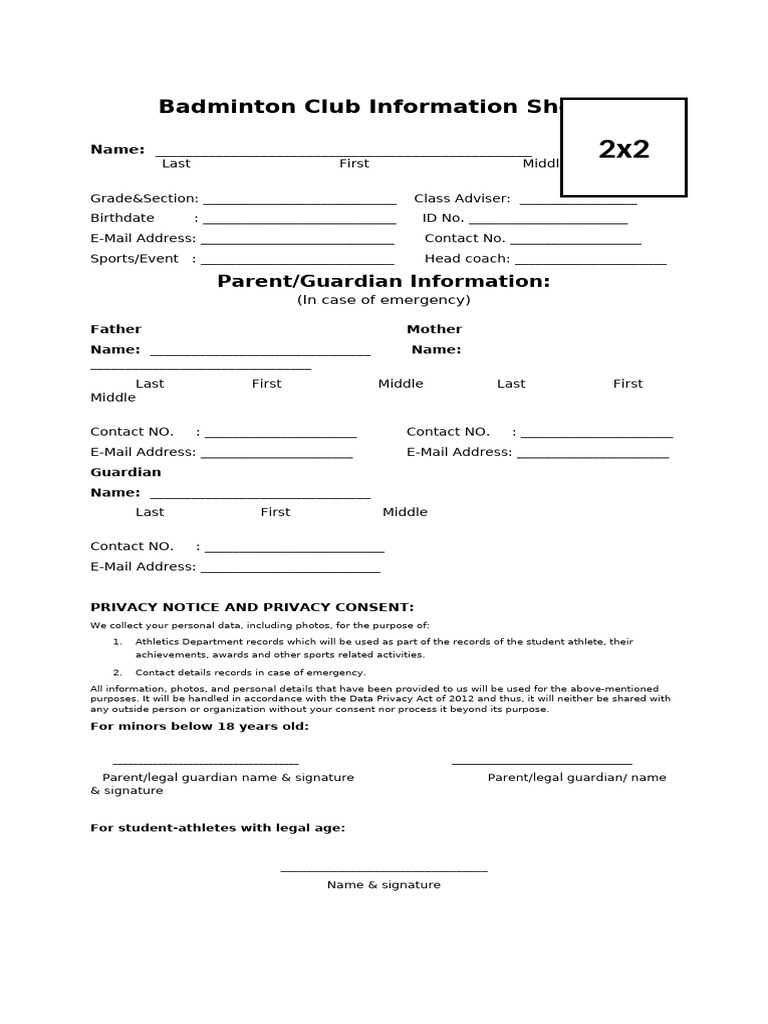 Badminton Club Information Sheet | PDF | Living Arrangements | Privacy