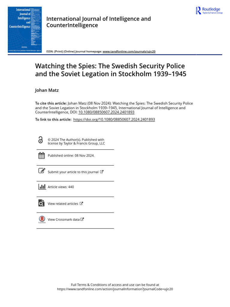 Watching The Spies The Swedish Security Police and The Soviet Legation in Stockholm 1939 1945 ...