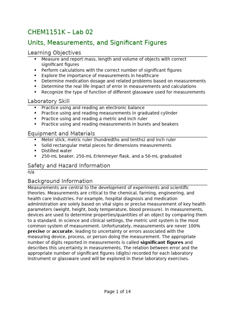 Lab 02: Units & Measurements in Chemistry | PDF | Significant Figures ...