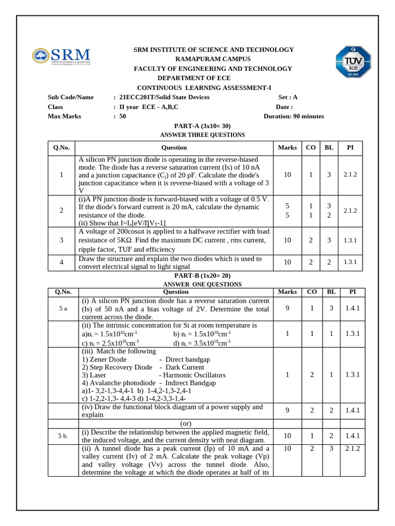 CT1question Paper Set-A | PDF | Diode | P–N Junction