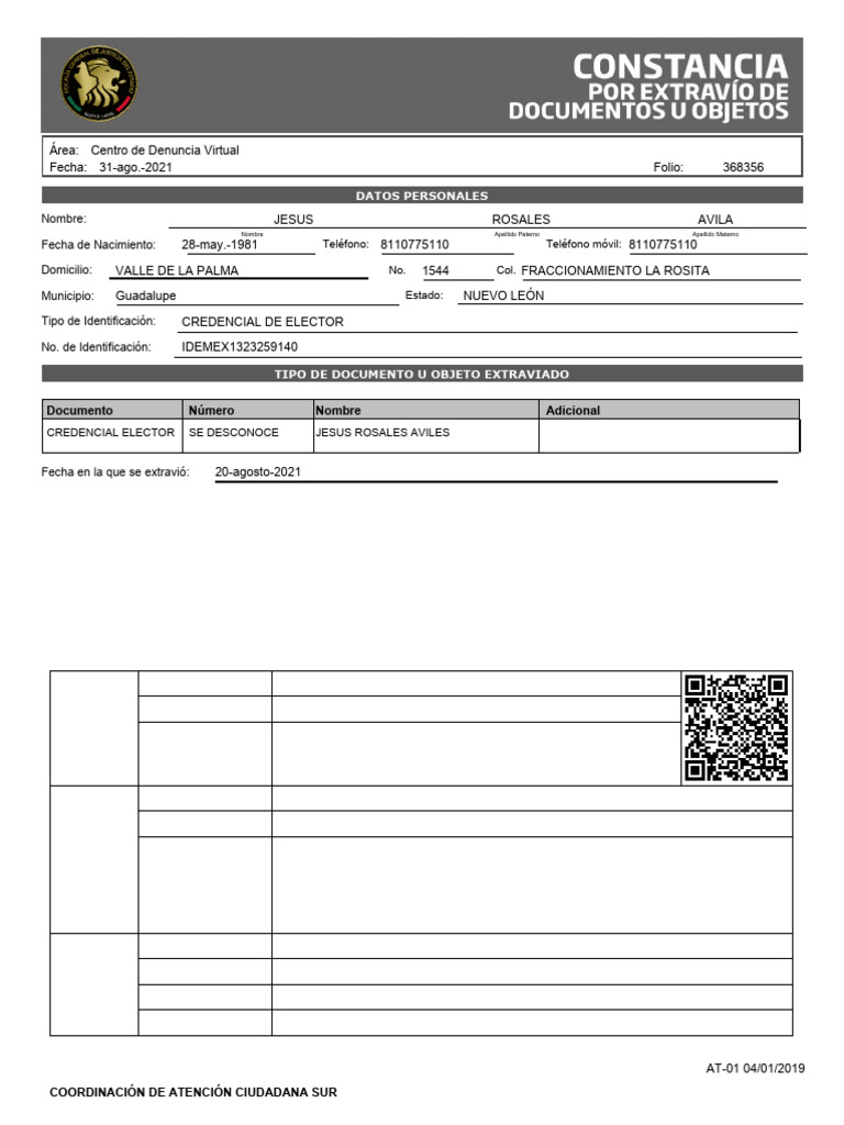 Constancia de extravío | PDF | Gobierno y personalidad | Autenticación