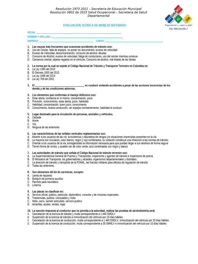 Evaluación de Manejo Defensivo 2023 | PDF | Licencia de conducir