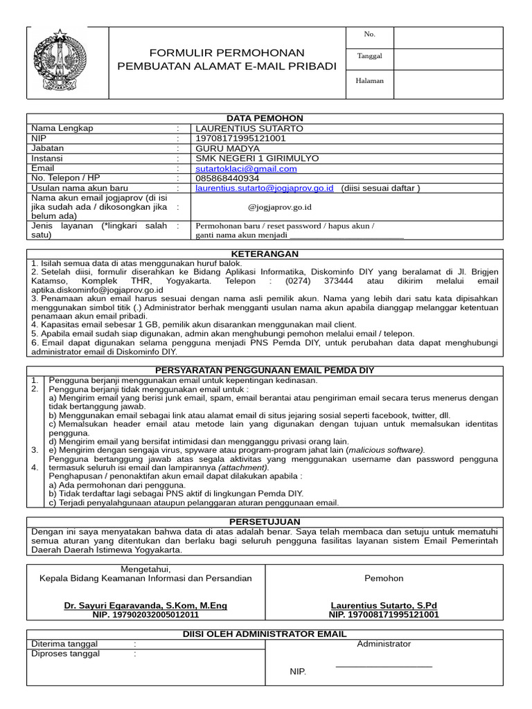 Formulir Email PNS DIY | PDF
