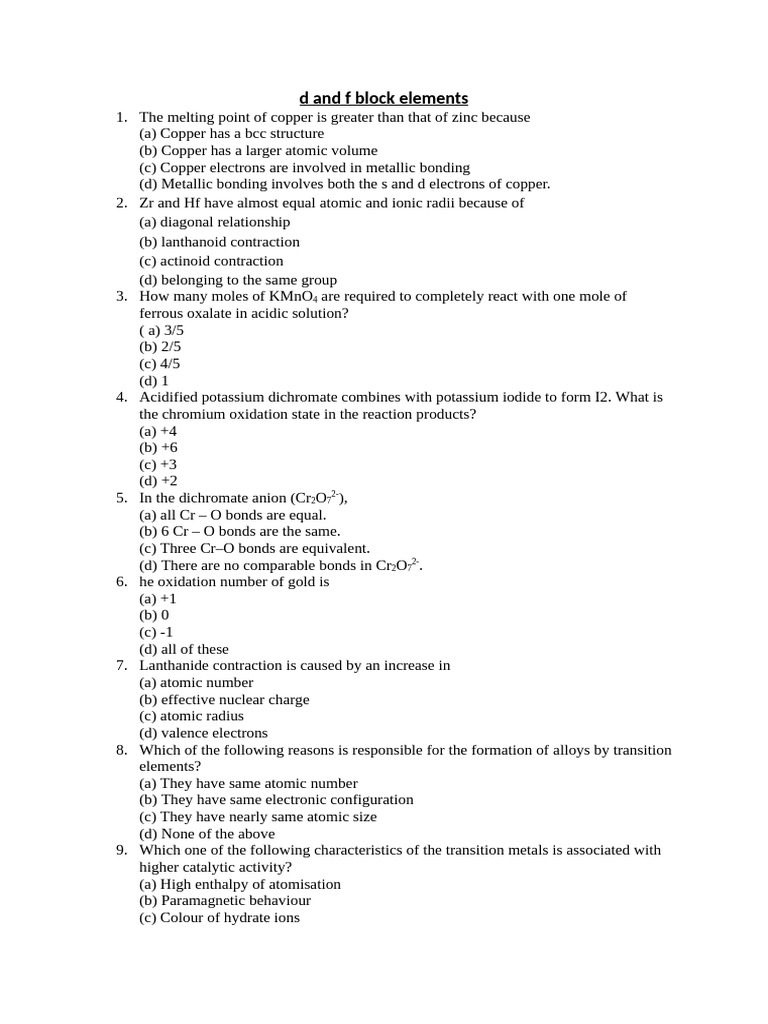 D and F Block Elements MCQs Guide | PDF | Transition Metals | Physical ...