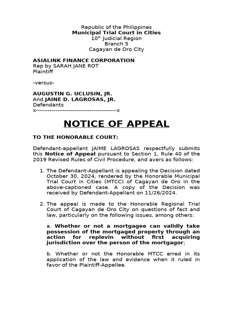 Jaime Lagrosas - Notice Appeal | PDF | Common Law | Judiciaries