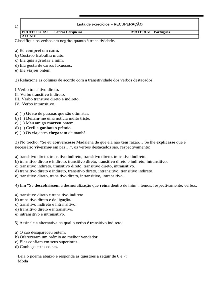 LISTA ATIV. 1 ANO | PDF | Objeto (gramática)