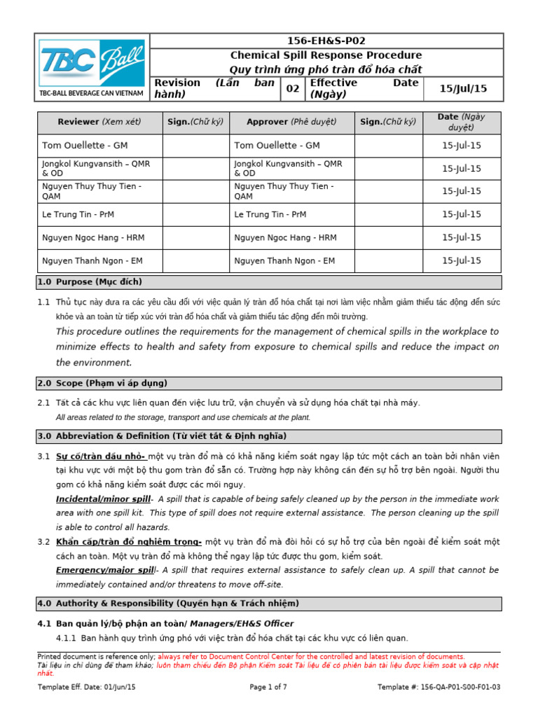 156-EHS-P02-02 Chemical Spill Response Procedure | PDF