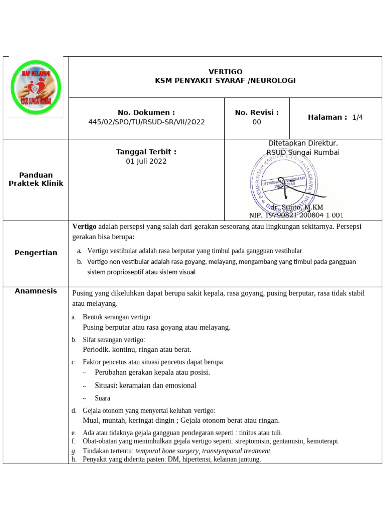 Panduan Diagnosis dan Terapi Vertigo | PDF