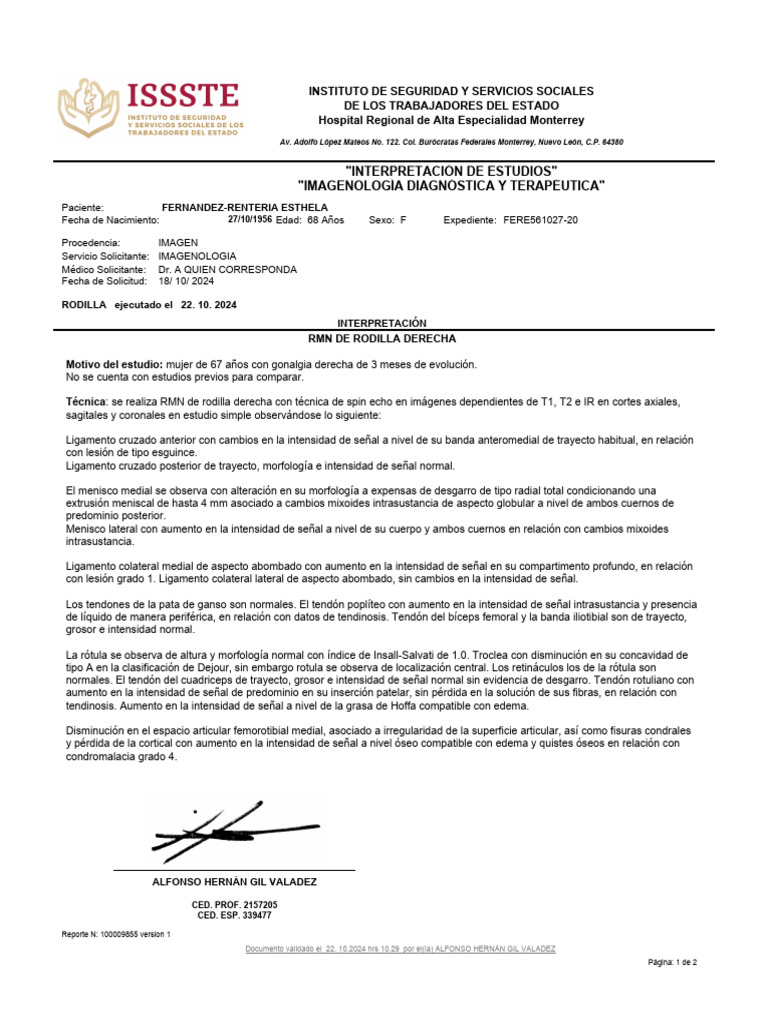 Informe RMN Rodilla Derecha 2024 | PDF | Rodilla | Imagenes medicas