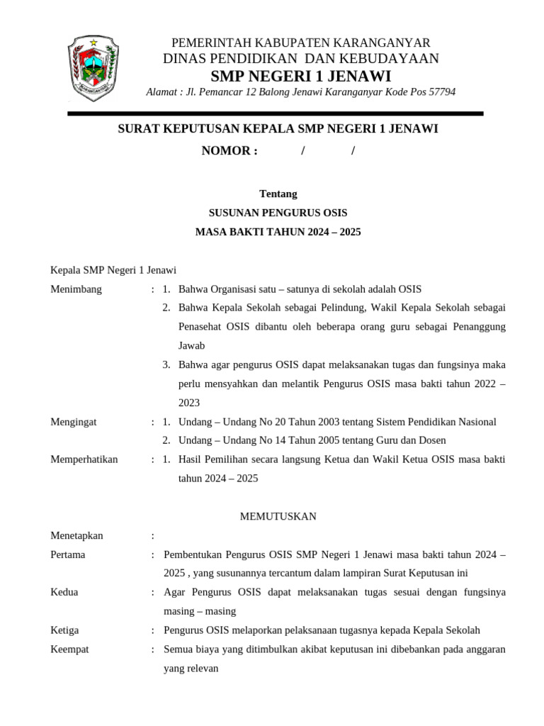 Pengurus OSIS SMPN 1 Jenawi 2024-2025 | PDF