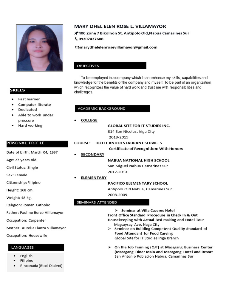 Resume Mary Dhel Elen Rose Villamayor | PDF