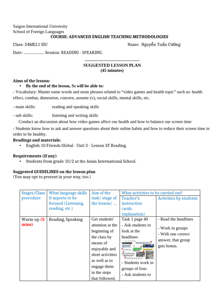 Nguyễn Tuấn Cường - SIU-MA - lesson plan | PDF | Lesson Plan | Human ...