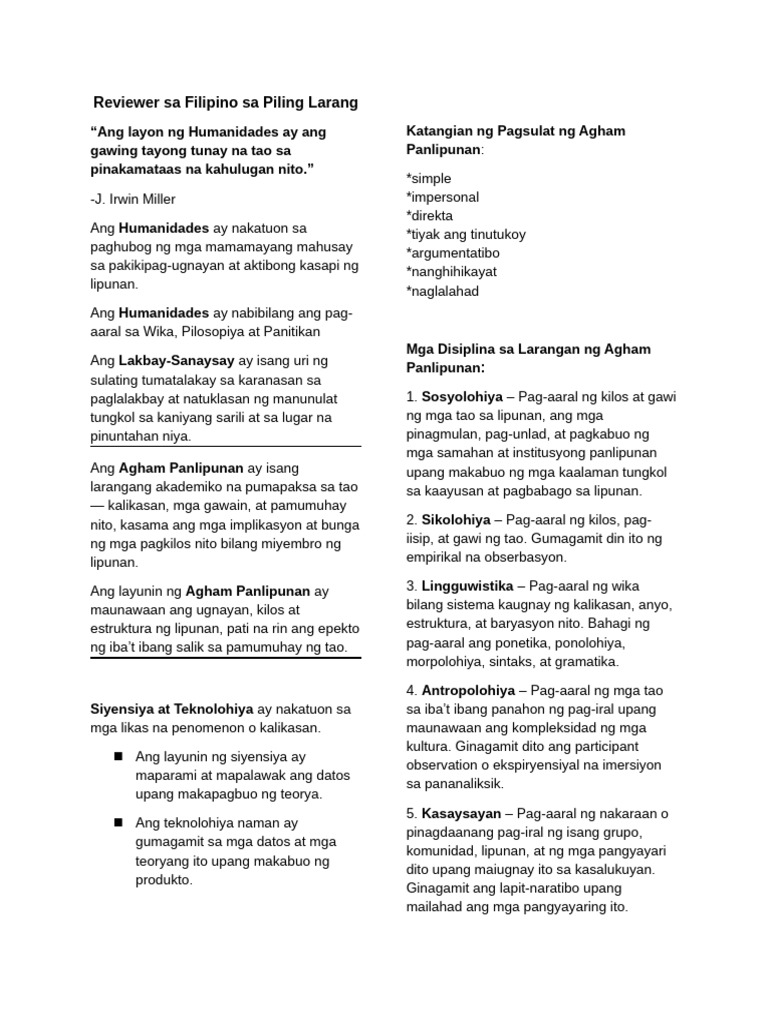 Reviewer Sa Filipino Sa Piling Larang | PDF