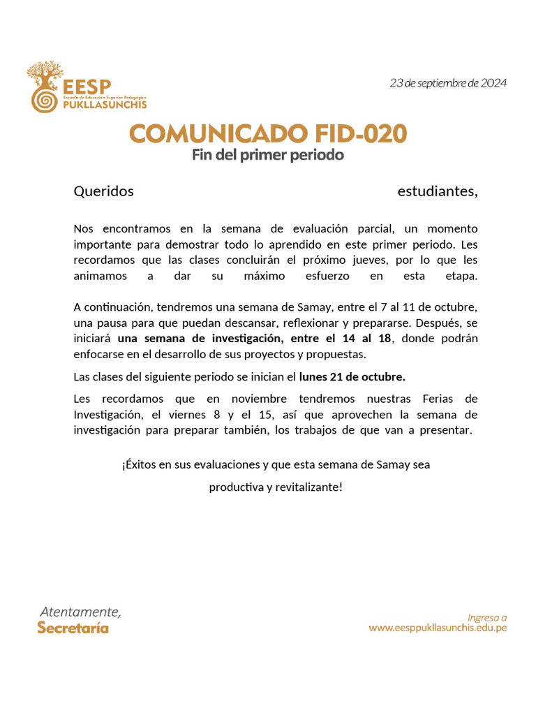 COMUNICADO Fin Del Primer Periodo 020 | PDF