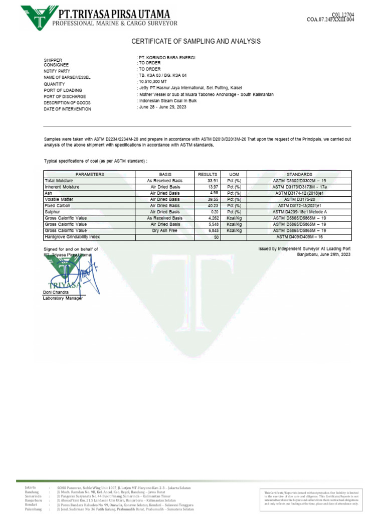 Pt. Korindo Bara Energi- Coa Pt. Kbe - Bg Ksa 04 - Tb Ksa 03 | PDF | Energy Technology | Fuels