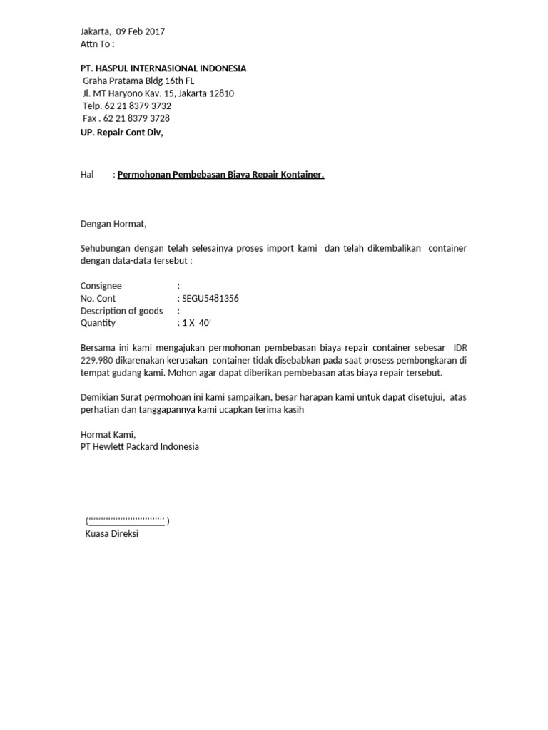 Permohonan Bebas Biaya Repair Kontainer | PDF