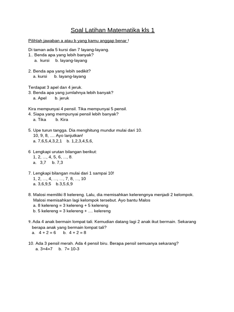 Soal Latihan Matematika Kls 1 | PDF