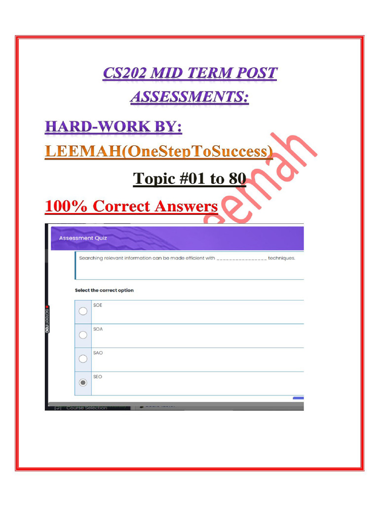 CS202 Mid-Term Post & Pre Assessments Solved by OneStepToSuccess 100- Accurate Answers | PDF