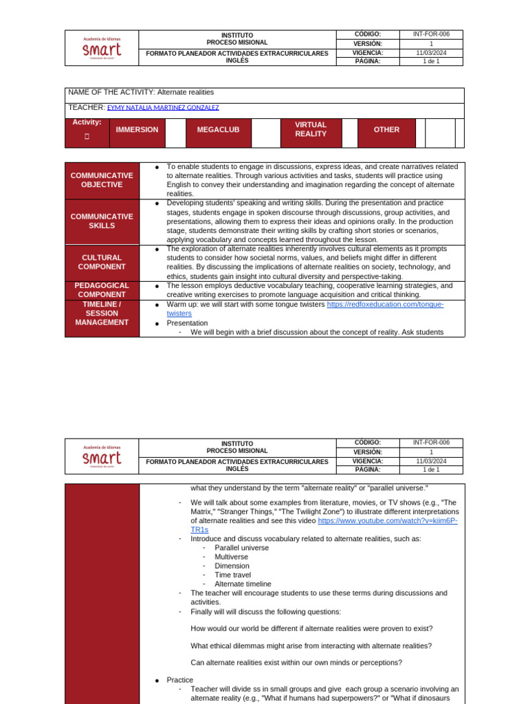 B2 - C1 Alternate Realities Formato Planeador Actividad Extracurricular Inglés - V1 - 11032024 ...