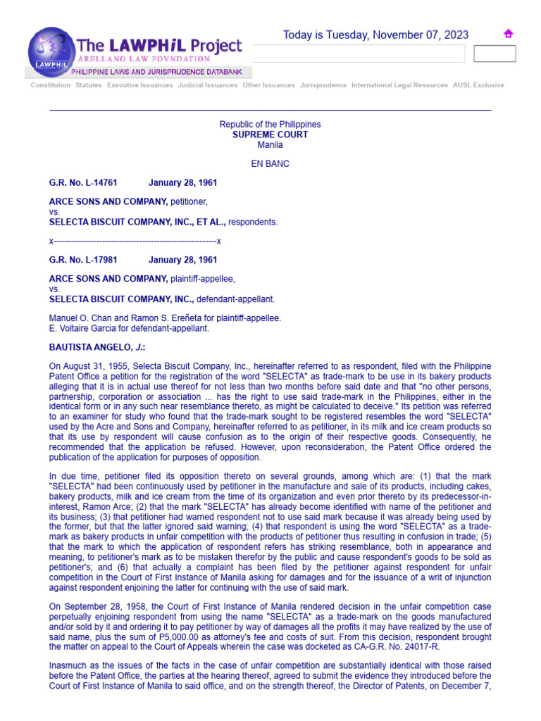 Arce Sons and Company v. Selecta Biscuits - G.R. No. L-14761 and L ...