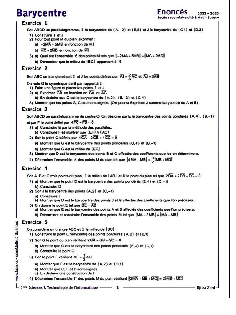 exercices barycentre 1bac | PDF