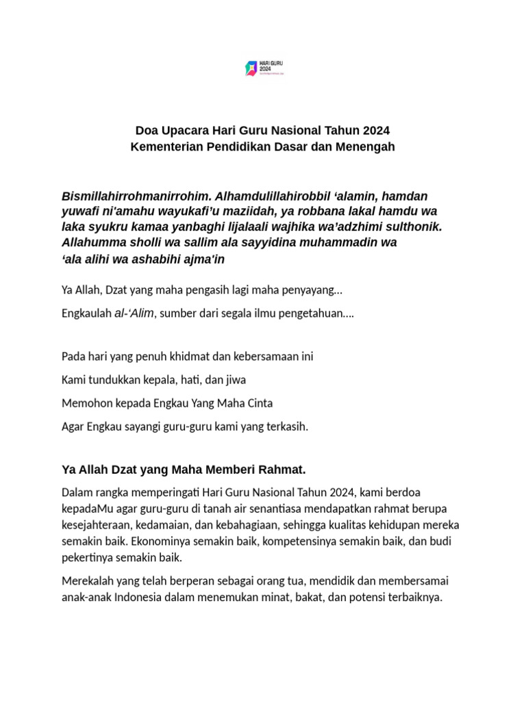 Doa Upacara Hari Guru Nasional Tahun 2024 | PDF