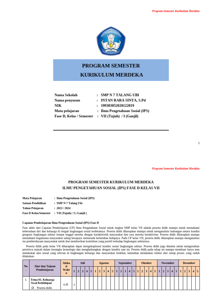 Program Semester IPS Kelas VII SMPN 7 | PDF