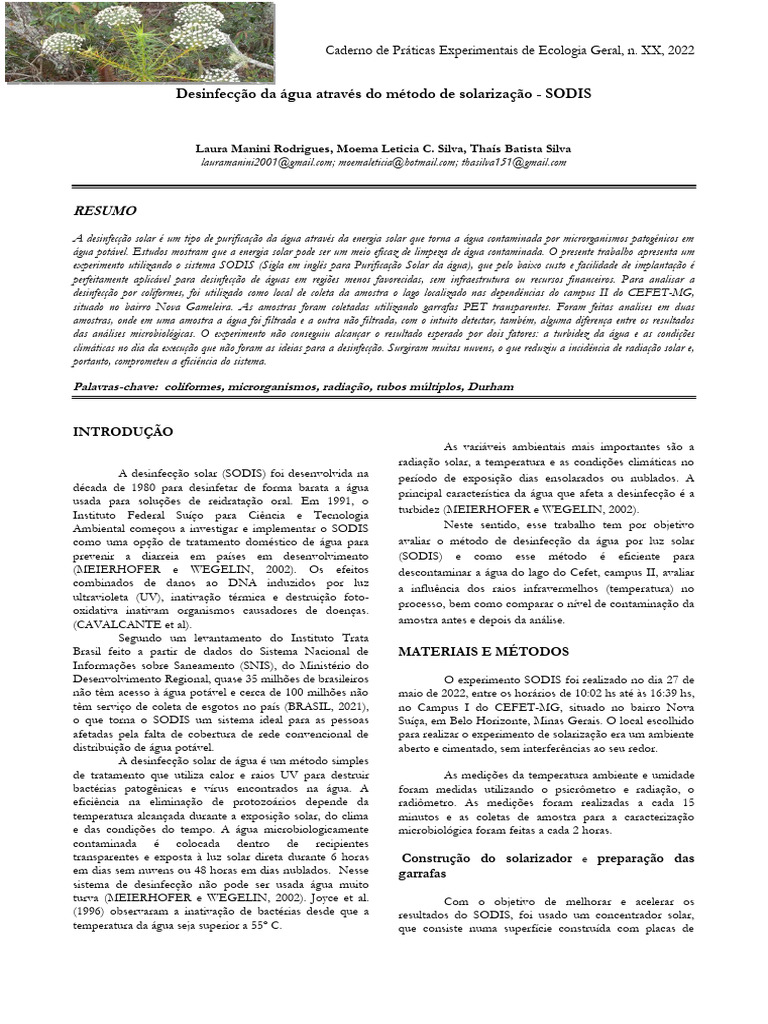 Desinfecção de Água pelo Método SODIS | PDF | Temperatura | Energia solar