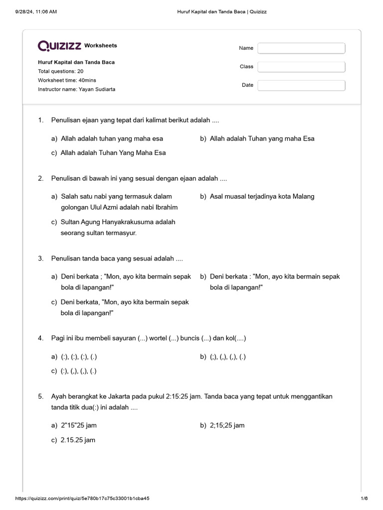 Huruf Kapital Dan Tanda Baca Quizizz | PDF