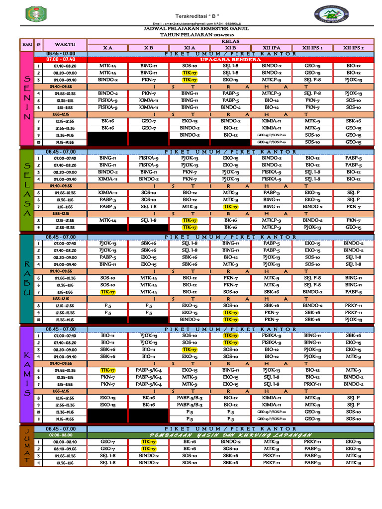 JADWAL PELAJARAN GANJIL TA 2024-2025 - Selama guru Cuti (1) | PDF