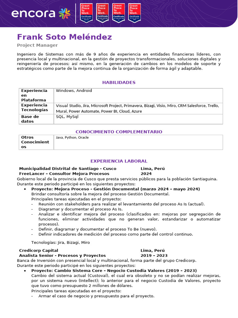 CV Frank Soto - Encora | PDF | Logística | Informática