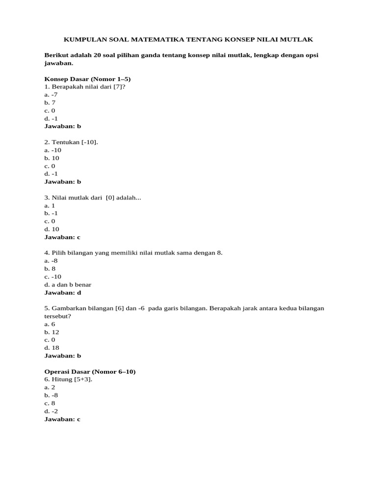 Kumpulan Soal Matematika Tentang Konsep Nilai Mutlak | PDF