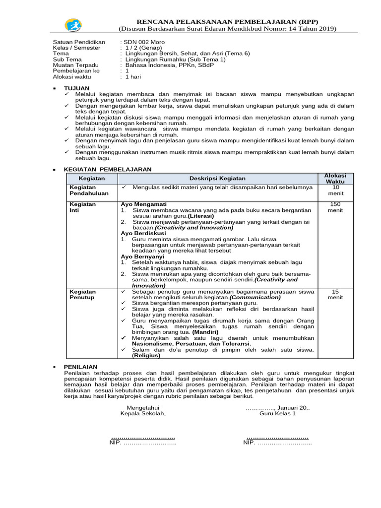RPP 1 Lembar Kelas 1 Tema 6 | PDF