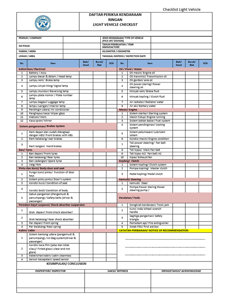 Light Vehicle Checklist | PDF | Steering | Vehicles