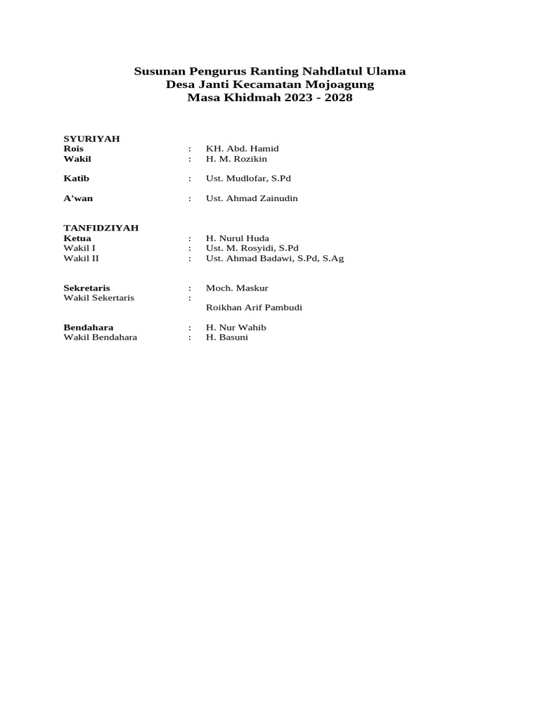 Susunan Pengurus Ranting Nahdlatul Ulama | PDF