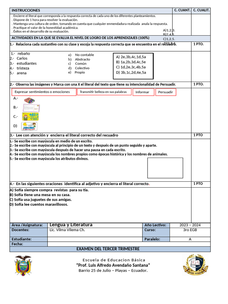 Examen de Lengua y Literatura 3ro EGB | PDF | Comunicación humana ...