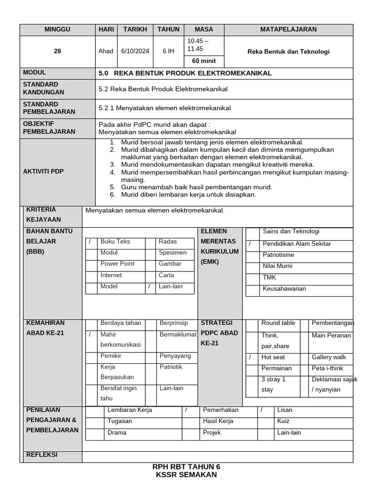 RPH RBT TAHUN 6 | PDF