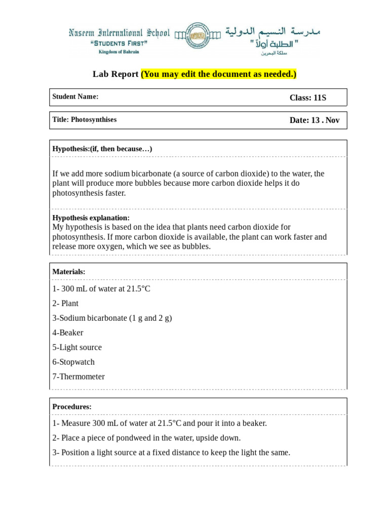 PHOTOSYNTHESIS Lab ACTIVITY - Google Docs | PDF