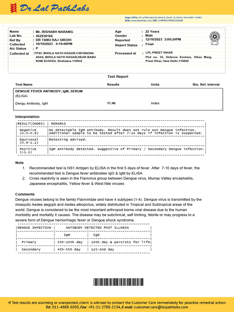 Dengue Test Results for Mr. Narang | PDF | White Blood Cell | Elisa
