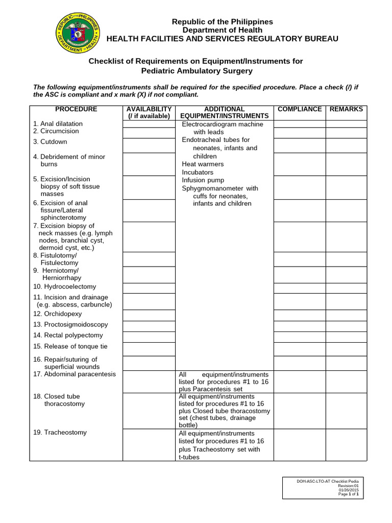 Pediatric Surgery Equipment Checklist | PDF | Surgery | Clinical Medicine