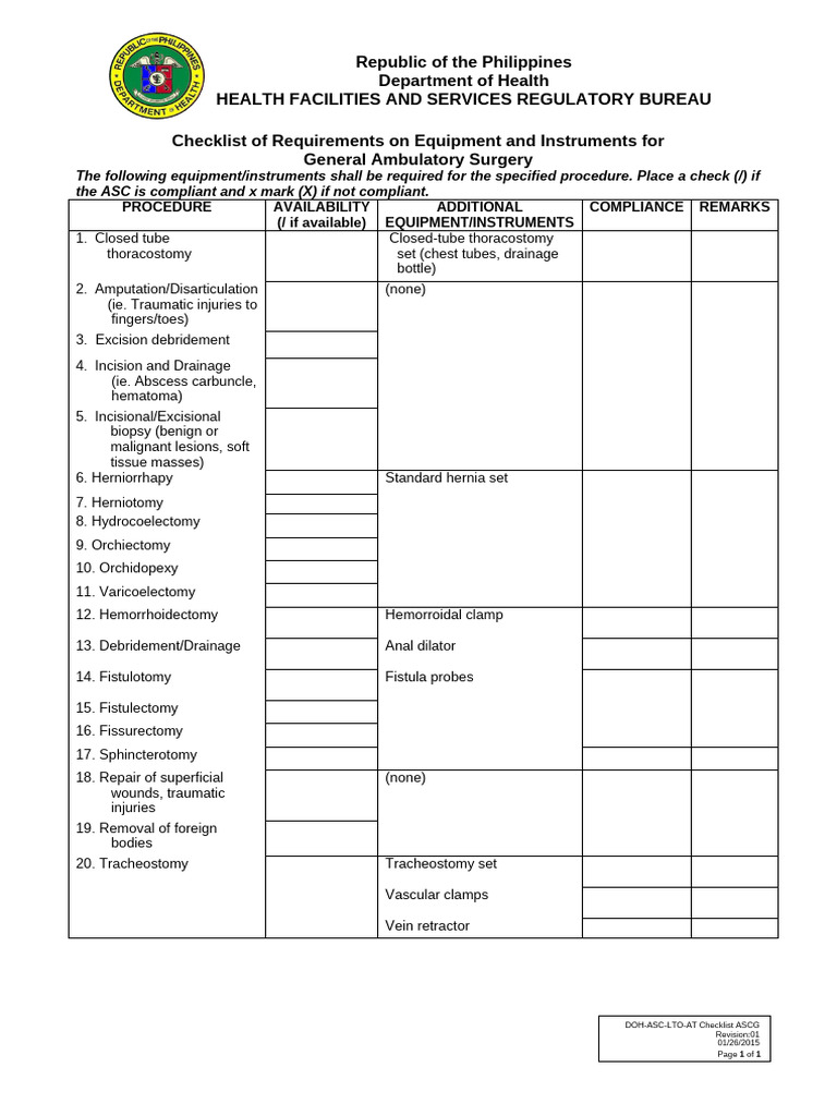 Ambulatory Surgery Equipment Checklist | PDF