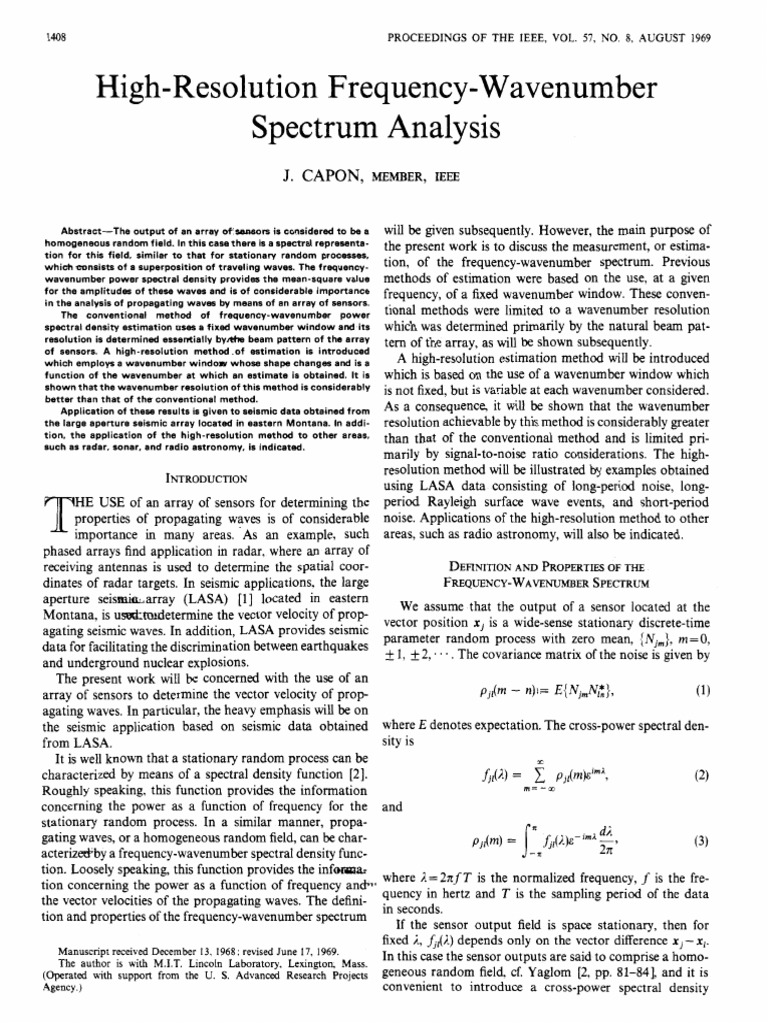 1969 High-Resolution Frequency-Wavenumber Spectrum analysis-CaponJ | PDF | Spectral Density | Waves