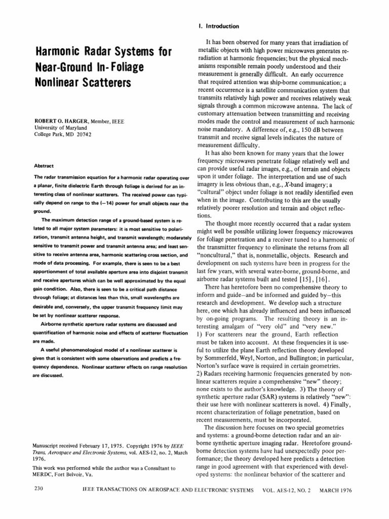 1976 HARMONIC RADAR SYSTEMS FOR NEAR-GROUND IN-FOLIAGE NONLINEAR SCATTERERS_R. O. Harger | PDF ...