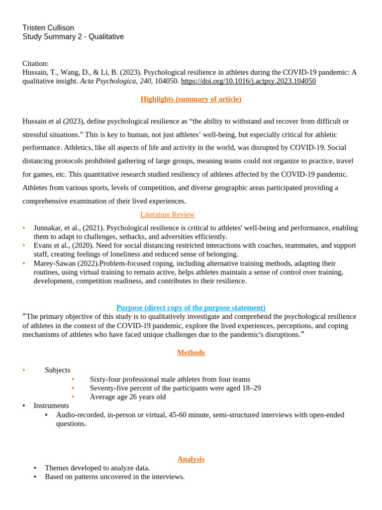 Cullison - Study Summary 2 - Qualitative | PDF | Psychological ...